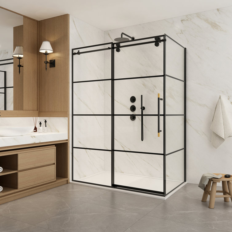 Vinnova Losar 56" W x 78" H Rectangle Single Sliding Shower Enclosure in Matte Black | Wayfair